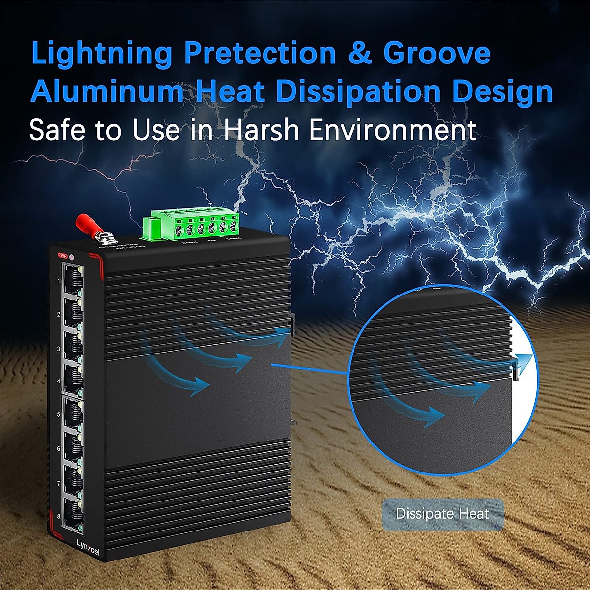 Lynxcel 8-Port PoE Gigabit Industrial Ethernet Switch, 96W PoE Output, 16Gbps Switching Capacity, IP40 Unmanaged Din Rail PoE Switch for IP Cameras, VoIP Systems and More (with Power Supply)