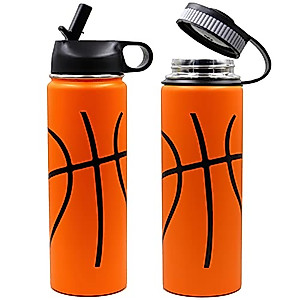 22 oz Basketball Water Bottle, Metal Thermo Bottle with 2 Lids 18/8 Stainless Steel Tumbler Double Wall Vacuum Insulated Flask for Gym, Travel, Sports (22oz, Basketball)