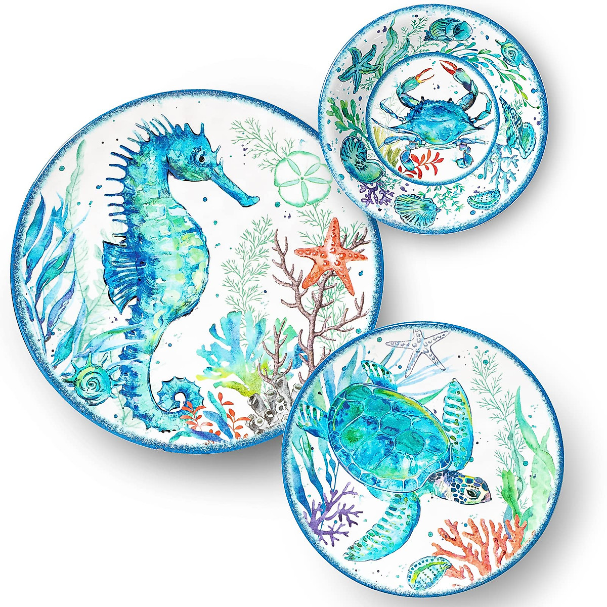 LEHAHA 12-Piece Melamine Beach Dinnerware Set, Coastal Plates and Bowls Sets, Oceanic Sea Life Dish Sets for 4, Great for Indoor Outdoor Dining on the Beach, RV, Camping or Cabin