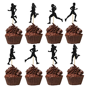 24Pcs Running Cupcake Toppers Black Glitter Sports Fitness Cupcake Picks for Running Theme Boys Girls Birthday Party Cake Decorations Supplies