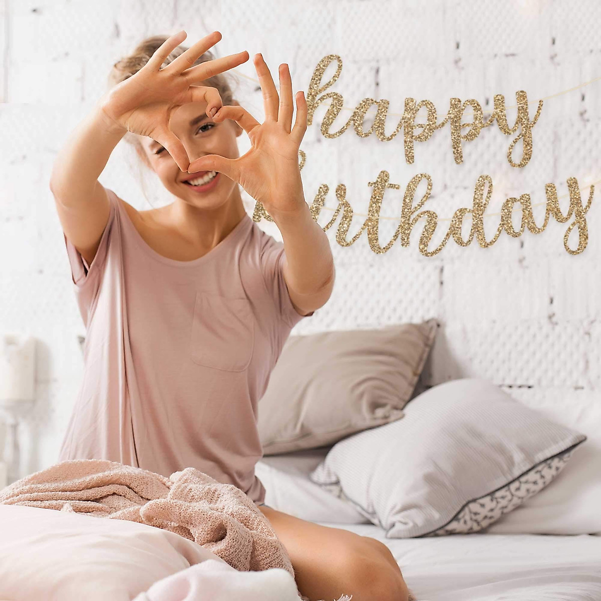 Pre-Strung Happy Birthday Banner - NO DIY - Gold Glitter Birthday Party Banner in Script - Pre-Strung Garland on 6 ft Strands - Gold Birthday Party Decorations & Decor. Did we mention no DIY?