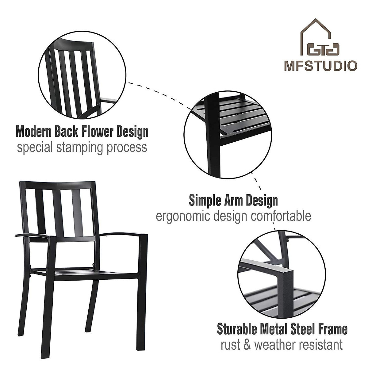 MFSTUDIO 7-Piece Metal Patio Dining Sets with 6 Steel Striped Armrest Chairs and 60" Rectangular Outdoor Dining Table, Black