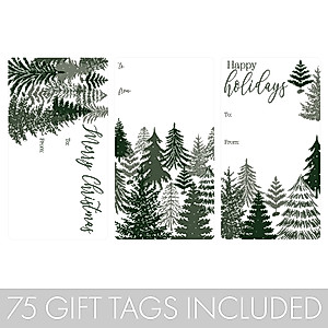 DISTINCTIVS Evergreen Tree Christmas Gift Tags, Self-Adhesive Stickers – 75 Labels, Woodland Forest Greenery Holiday Gift Wrap Tags