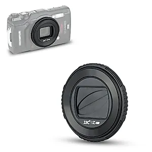 JJC LB-T01 Lens Cap Cover Protector for Olympus TG-7 TG7 TG-6 TG6 TG-5 TG5 TG-4 TG4 TG-3 TG3 TG-2 TG2 TG-1 TG1 Tough Waterproof Camera, Rotate to Open or Close Leaves, Made of ABS Materials - Black