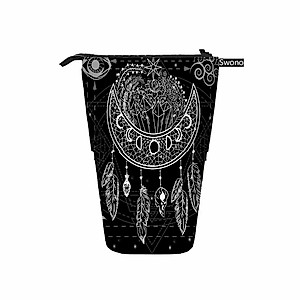 Swono Moon Dreamcatcher Colored Pencil Case Flowers Crystals Stars Arrows Feathers Boho Chic Style Standing Pencil Case Pencil Holder Pencil Pouch Cosmetics Pouch Makeup Office Bag Black White