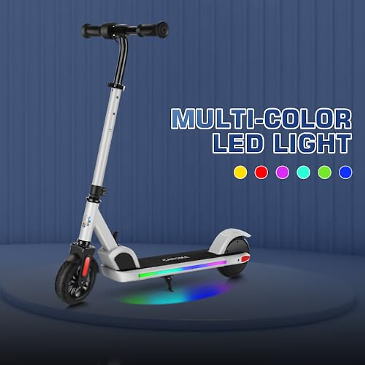Caroma Electric Scooter for Kids Ages 8-12, Max 7 Miles Range and 10 Mph Max Speed, Colorful Rainbow Light, UL2272 Certification, Lightweight Electric Kick Scooter for Kids Boy Girl (Silver)