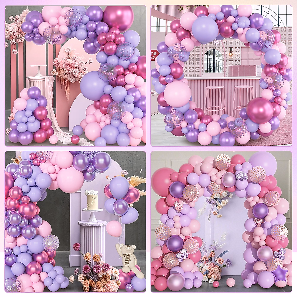 Amandir 153pcs Pink Purple Balloon Garland Arch Kit, Different Sizes 18 12 10 5 inch Pink Purple Red Latex Metallic Confetti Purple Balloons for Girl Women Birthday Bridal Baby Shower Party Decoration