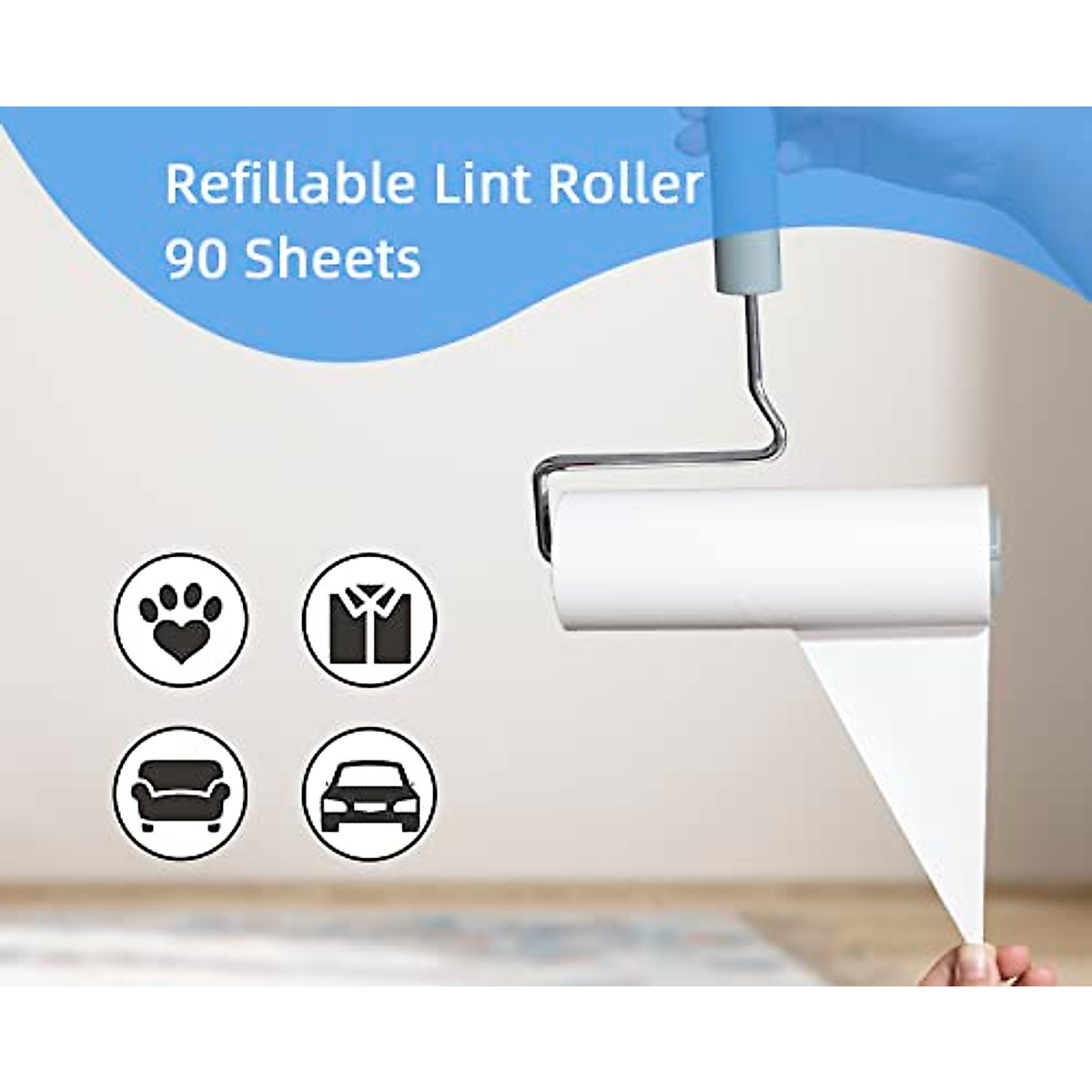 YabeePet Extreme Sticky Large Surface Lint Roller, Long Handle Pet Hair Remover, Designed for Removing Pet Dog Cat Hair 90 Sheets per Roll, 6.3 inch Width (1 Roller+2 Refills)