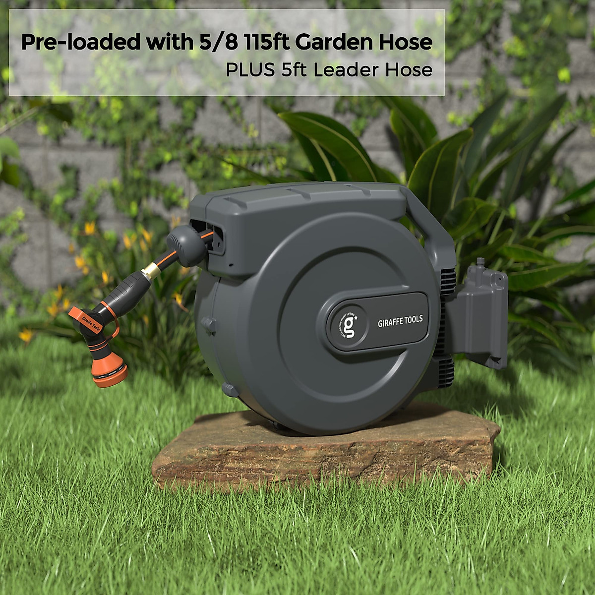 Giraffe Tools AW505/8 Retractable Garden Hose Reel 5/8" x 115+5 ft, Heavy Duty Wall Mounted Water Hose Reel Automatic Rewind, 180 Deg Swivel Bracket, Slow Retraction, 115ft, Dark Grey