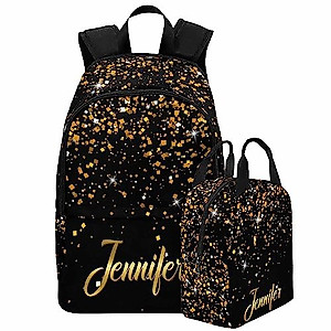 Custom Kids Backpack for Girls Boys Gold Sparkle Text Black Children Casual Daypack Backpacks, Personalized with Kid's Name Preschool School Bag, Children Travel Bookbag for School Season