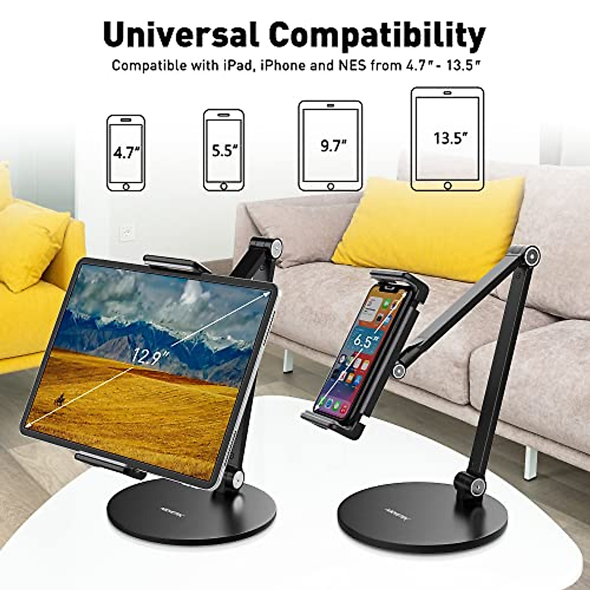 AboveTEK Adjustable Tablet Stand Holder, Long Arm iPad Holder, Flexible and 360 Degrees Rotatable iPad Stand, Compatible with 4.7“- 13.5” Mobile iPhone, iPad, Samsung Tab, Nintendo (Black)