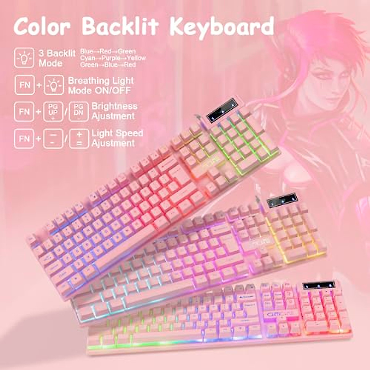 CHONCHOW Pink Keyboard and Mouse Combo with Backlit, Function Keys, 19 Keys Anti-ghosting for Gamer on PC Laptop Computer Mac PS4 Xbox, Cute Wired Light Up Gaming Keyboard & RGB Mouse for Girl Women