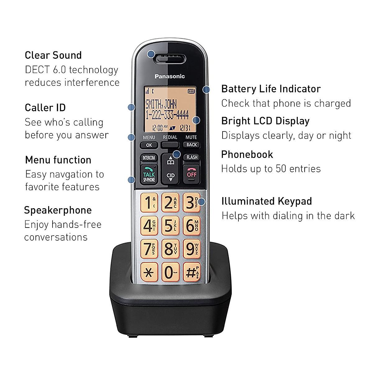Panasonic Compact Cordless Phone with DECT 6.0, 1.6" Amber LCD and Illuminated HS Keypad, Call Block, Caller ID, Multiple Display Languages - 1 Handset - KX-TGB810S (Black/Silver)