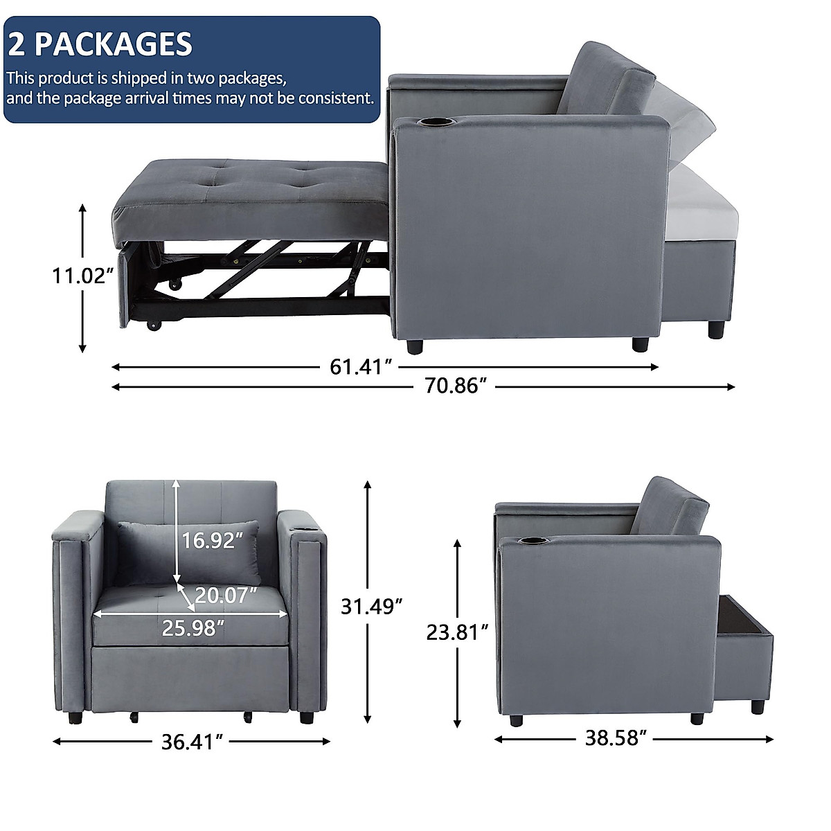 weselon Velvet Convertible Chair Bed, 3 in 1 Multi-Functional Lounge Chair Sleeper, Pull Out Couch Guest Bed with Hidden Table and Adjustable Backrest for Living Room Small Space Apartment (Gray)