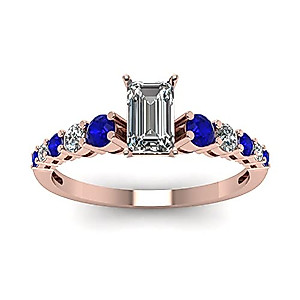 CustomizedGifts Graduated Diamond Engagement Ring rose gold plated Created Blue Sapphire Emerald shape Blue color Petite Engagement Rings prong Setting in Size 5 Fashion Jewelry