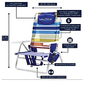 Nautica 5-Position Lay Flat Backpack Beach Chair Rainbow Stripe