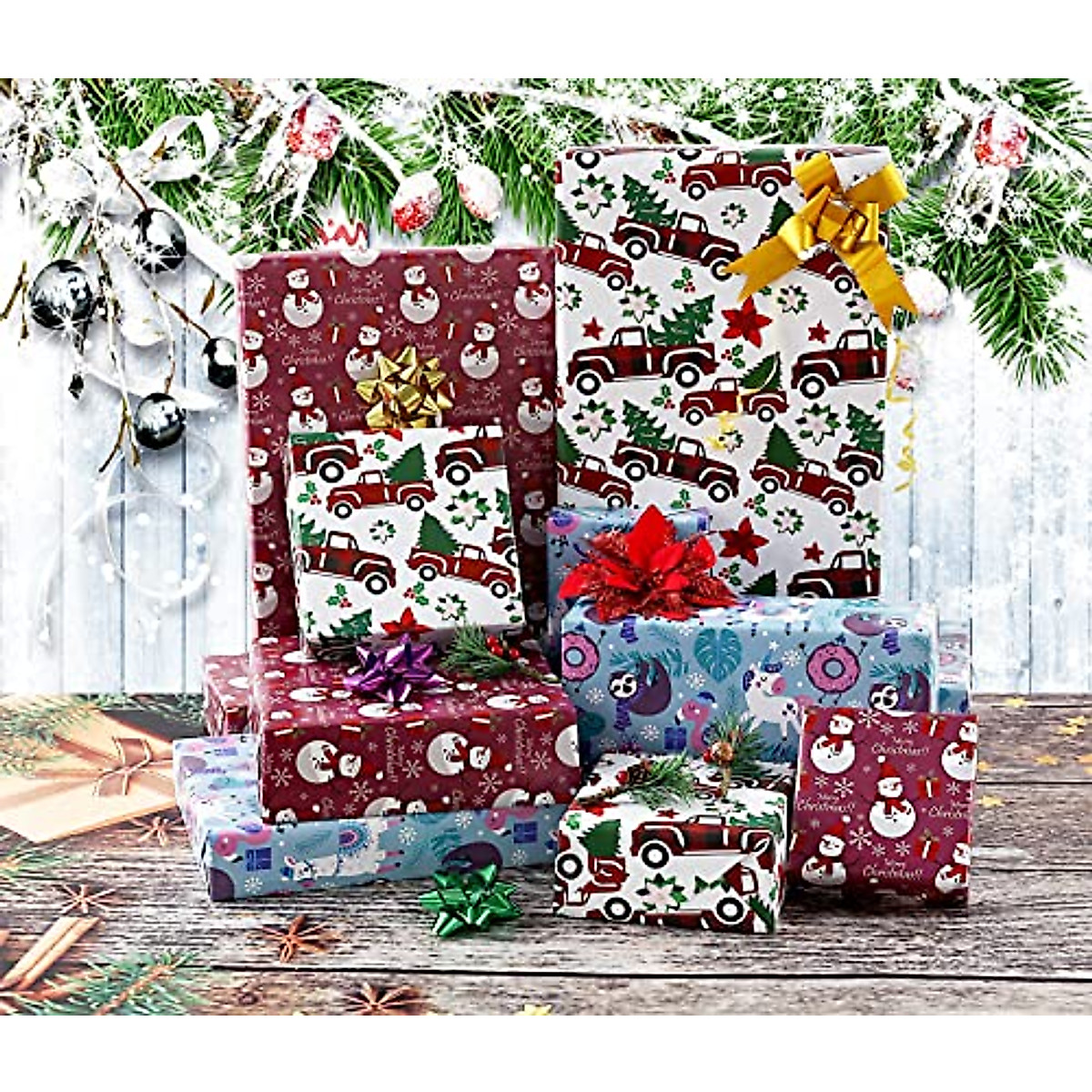 U'COVER Christmas Gift Wrapping Paper Large Sheet for Kids Boys Girls Baby Women Men Xmas Wrapping Paper 3Style Christmas Sloth Llama Santa Snowman Tree Truck Car Gift Wrap Paper (27*39.4inch 22sq.ft.)