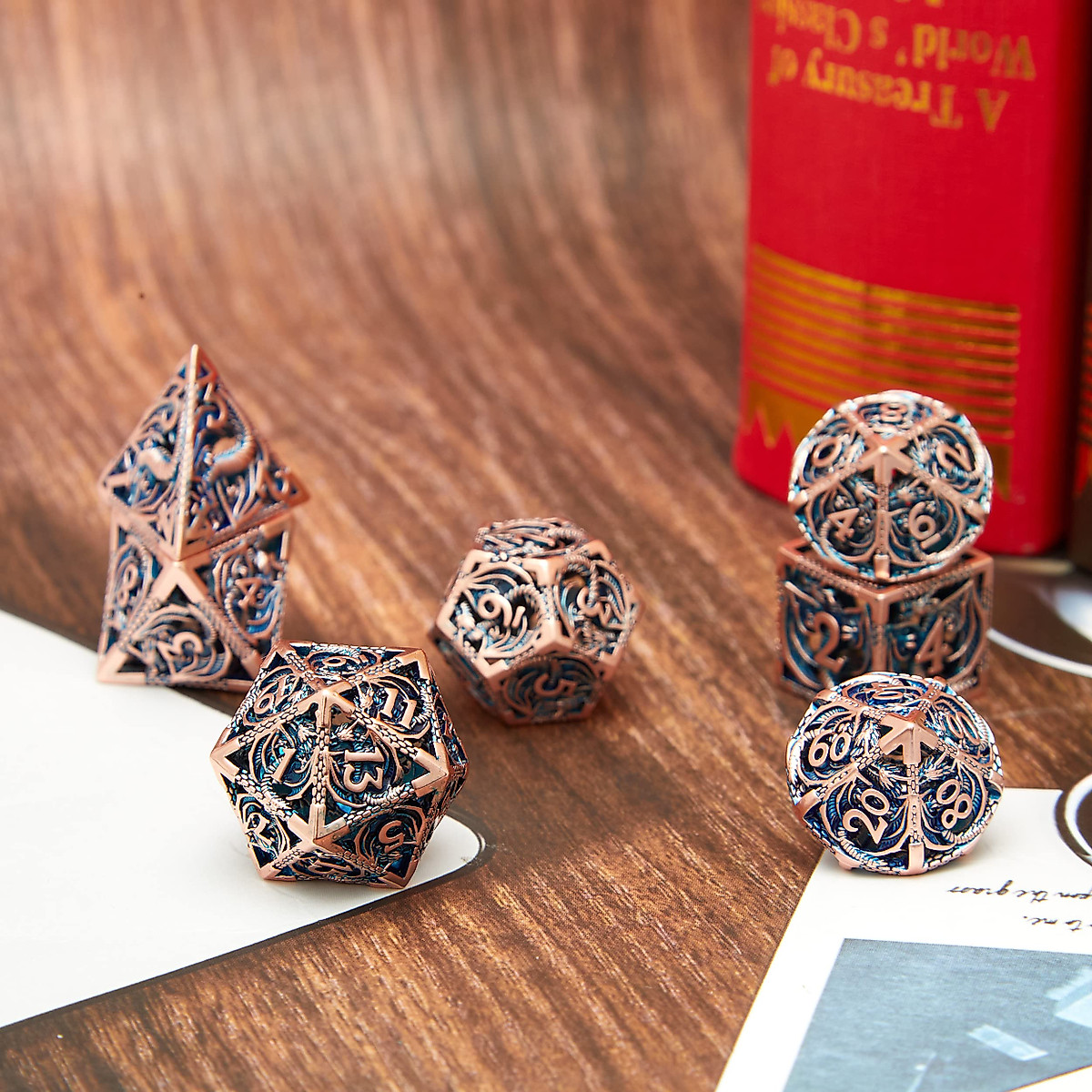 Hollow Metal DND Game Dice Dragon Shaped Blue and Copper Numbers 7Pcs Set for Dungeons and Dragons RPG MTG Table Games D&D Pathfinder Shadowrun and Math Teaching(with Metal case)