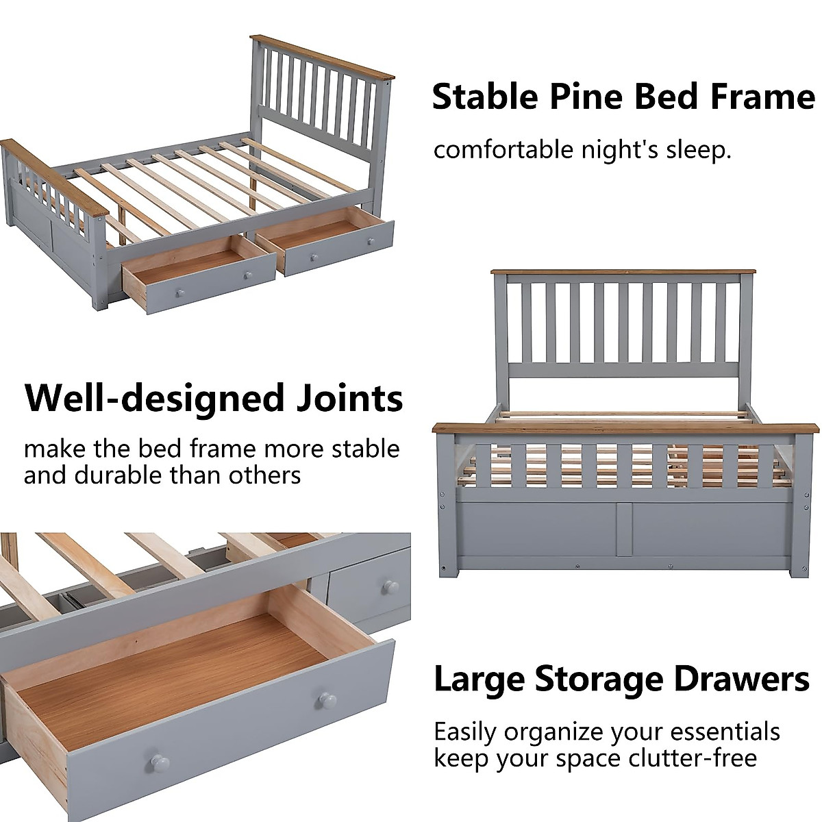Queen Size Country Style Wooden Platform Bed Frames with 2 Storage Drawers, Modern Platform Bed with Headboard/Footboard, Noise-Free for Bedroom Boys Girls Adults Teens, Solid Wood Slat Support(Gray)