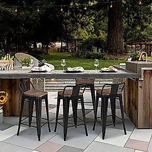 Yaheetech 26 inch Low Back Metal Bar Stools Set of 4 Counter Height Barstools with Wooden Seat Industrial Counter Stool Bar Chairs for Home Kitchen Black