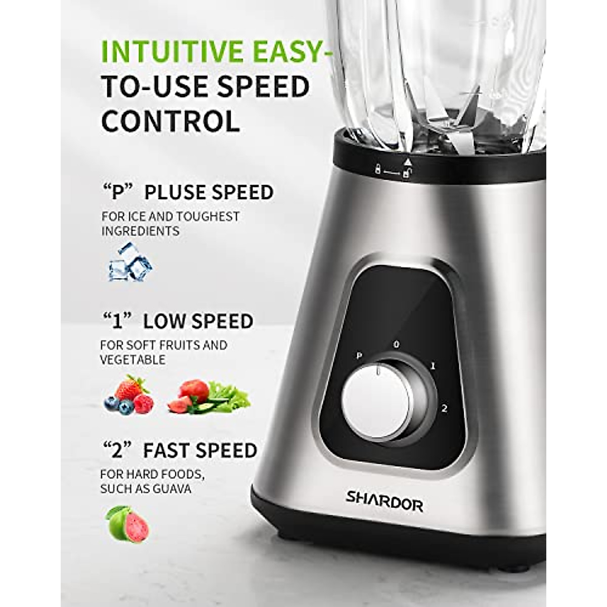 Blender for Shake and Smoothies, SHARDOR Powerful 1200W Countertop Blender for Kitchen, 52oz Glass Jar, 3 Adjustable Speed Control for Frozen Fruit Drinks, Smoothies, Sauces & More, Sliver