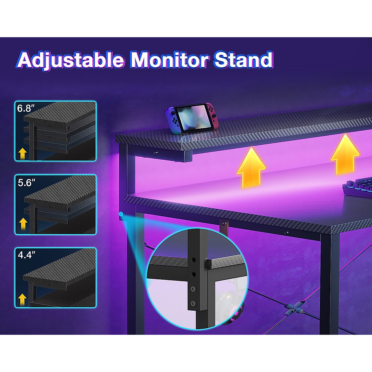 MOTPK Gaming Desk with Led Lights & Power Outlet, 40 Inch Small Gaming Computer Desk with Shelves, Reversible Gamer Desk Table with Adjustable Monitor Stand & Headphone Hook, Carbon Fiber Texture