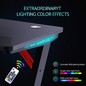 ESGAMING Gaming Desk with led Lights and USB Ports for Home Office and Gaming, RGB Gaming Table 44.5 inch Z Shaped Computer Desk with Cup Holder, Headphone Hook, Lighting Remote Controller, Black