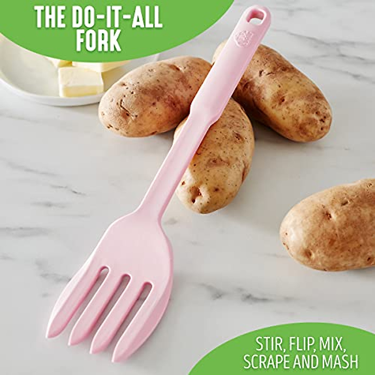 GreenLife Cooking Tools and Utensils, 10-in-1 Silicone Fork to Stir Mix Mash and Scrape, Heat and Stain Resistant, Dishwasher Safe, Soft Pink