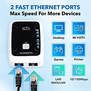 RANGEXTD WiFi Extender with Ethernet Port - WiFi Signal Amplifier Increases Home WiFi Coverage | Single-Band 2.4GHz WiFi Range Booster Fixes Dead Spots | Up to 300Mbps Speed, 10 Devices