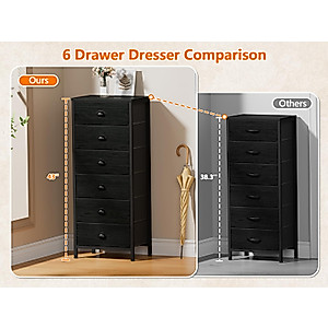 Furnulem Tall Dresser with 6 Drawers,Vertical Bedside End Table & Chest for Bedroom,Black Storage Tower Dorm Nightstand with Fabric Drawer Organizer Unit Furniture in Living Room,Closet,Hallyway