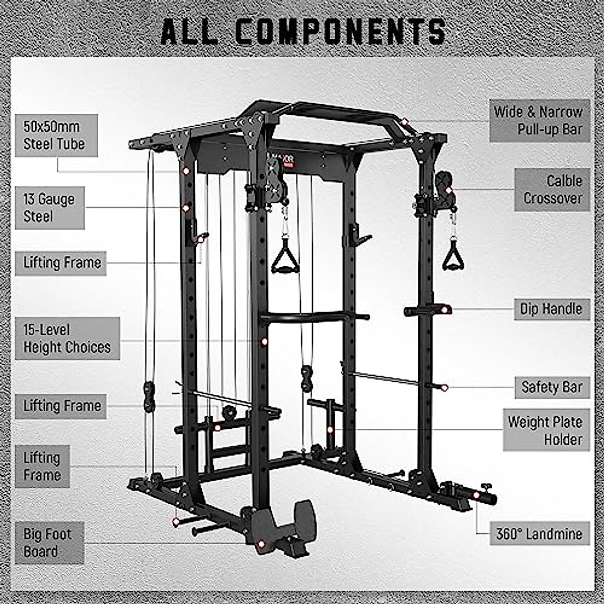 MAJOR LUTIE Fitness Power Cage with 245LBS Cast Iron Weight Plates and Olympic Barbell, PLM03 All-in-One Multi-Function Power Rack with Adjustable Cable Crossover System and Exercise Attachment Black