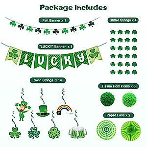 St Patricks Day Decorations, St Patricks day decor Set with 1 Lucky Banner, 1 Felt Shamrock Garland, 14 Swirl Strings, 4 Glitter Shamrock Strings, 6 Tissue Pom Poms, 2 Paper Fans for Party Supplies