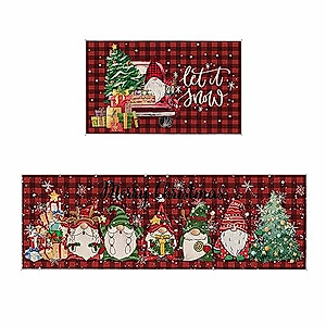 Christmas 2Pcs Kitchen Rugs Anti Fatigue Kitchen Mat Non Slip Rug Runner Comfort Standing Floor Mats Kitchen Carpet Set for Sink Laundry - Christmas Red Truck Pull Gnome Xmas Tree Red Buffalo Plaid