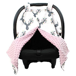Dear Baby Gear - Baby Car Seat Canopy - Infant Car Seat Cover with Snap Opening - Carseat Canopies for Boys & Girls - 40x30 (Antler & Flower Print, Pink Dot)