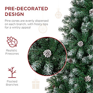 Best Choice Products 6ft Pre-Decorated Holiday Christmas Tree for Home, Office, Party Decoration w/ 1,000 PVC Branch Tips, Partially Flocked Design, Pine Cones, Metal Hinges & Base
