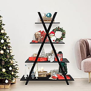 SUPER DEAL A Frame Bookshelf Storage Shelves, 4 Tier Ladder Bookcase Free Standing, Plant Book Display Furniture for Home Office, Black