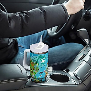 Slewiaeky Tumbler with Handle 40 oz Animal Map Children Travel Mug with Lid and Straw Stainless Steel Vacuum Insulated Water Bottle Cup for Iced Tea Coffee Cold Beverages Cup Holder Friendly