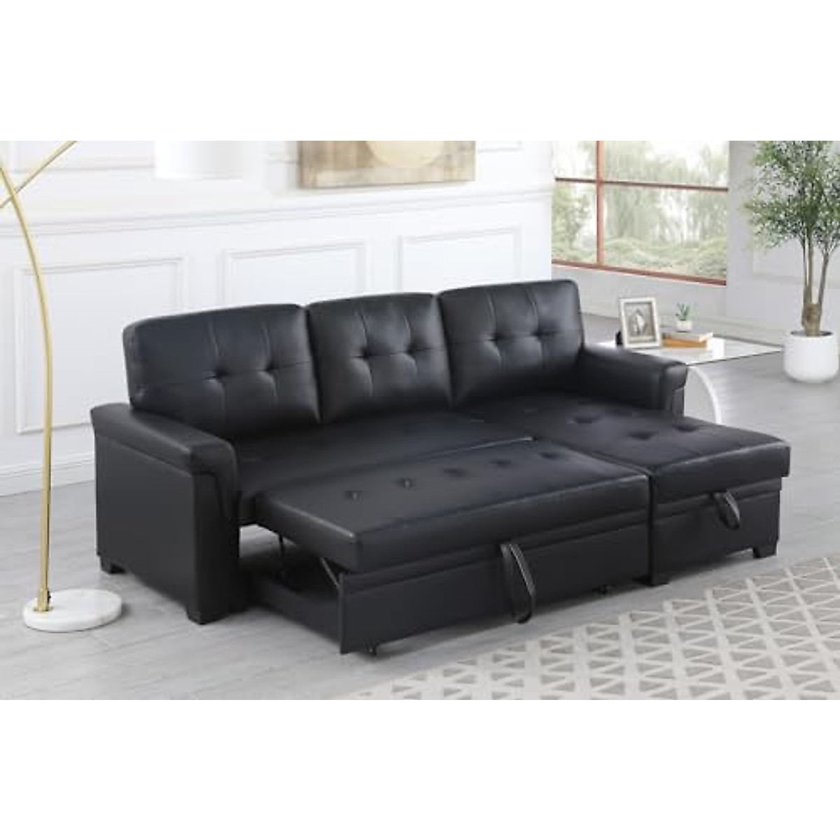 Lilola Home Lexi Black Synthetic Leather Modern Reversible Sleeper Sectional Sofa with Storage Chaise