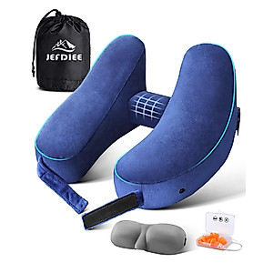 JefDiee Neck Pillows for Travel, Travel Pillow for Neck, Chin, Head Support, Airplane Pillow with Soft Washable Velour Cover, Hat, Portable Luxury Bag, 3D Sleep Mask and Earplugs (Blue)