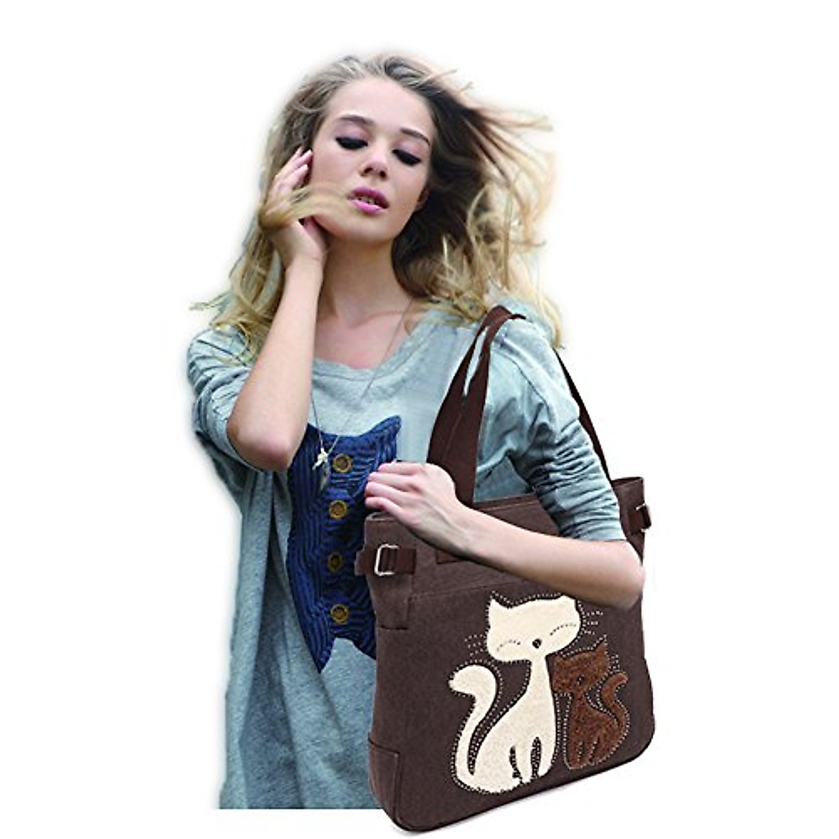 KAUKKO Women Canvas Handbag Shoulder Bag Cat Big Tote Bag Coffee