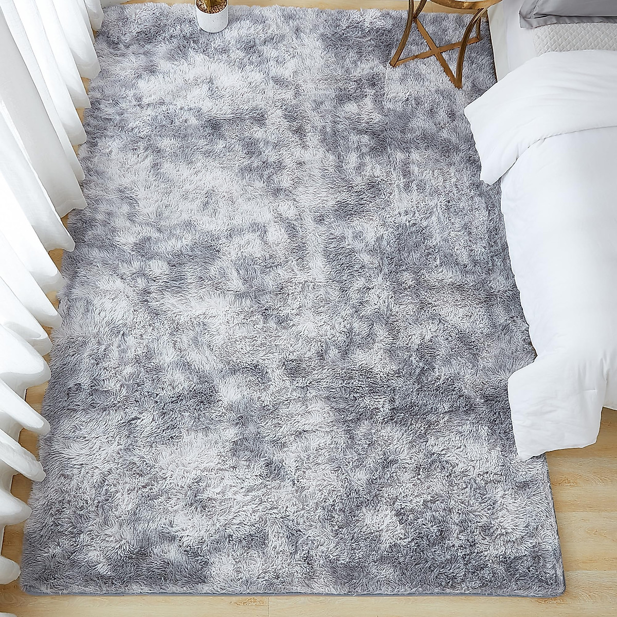 Andency 6x9 Shag Area Rug for Living Room, Tie-Dyed Light Grey Soft Fuzzy Plush Indoor Carpets for Bedroom, Non Skid Fluffy Faux Fur Rug for Nursery Kids Boys Girls Room