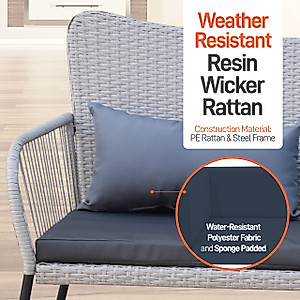 SereneLife SL4PCGR51.3 4 Pcs. Patio Outdoor Rattan Furniture Set-Includes 1 Double 2 Single Chairs with Soft Cushion, and 1 Glass-top Coffee Table Gray, Light Grey