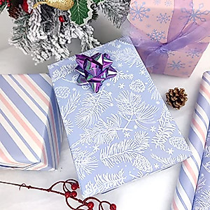 LDGOOAEL Mini Short Small Christmas Wrapping Paper Roll with Cut Lines on Reverse (17" X 120" Per Roll) - Pink Snowflakes & Purple Pine for Holiday, Birthday, Wedding, Baby Shower