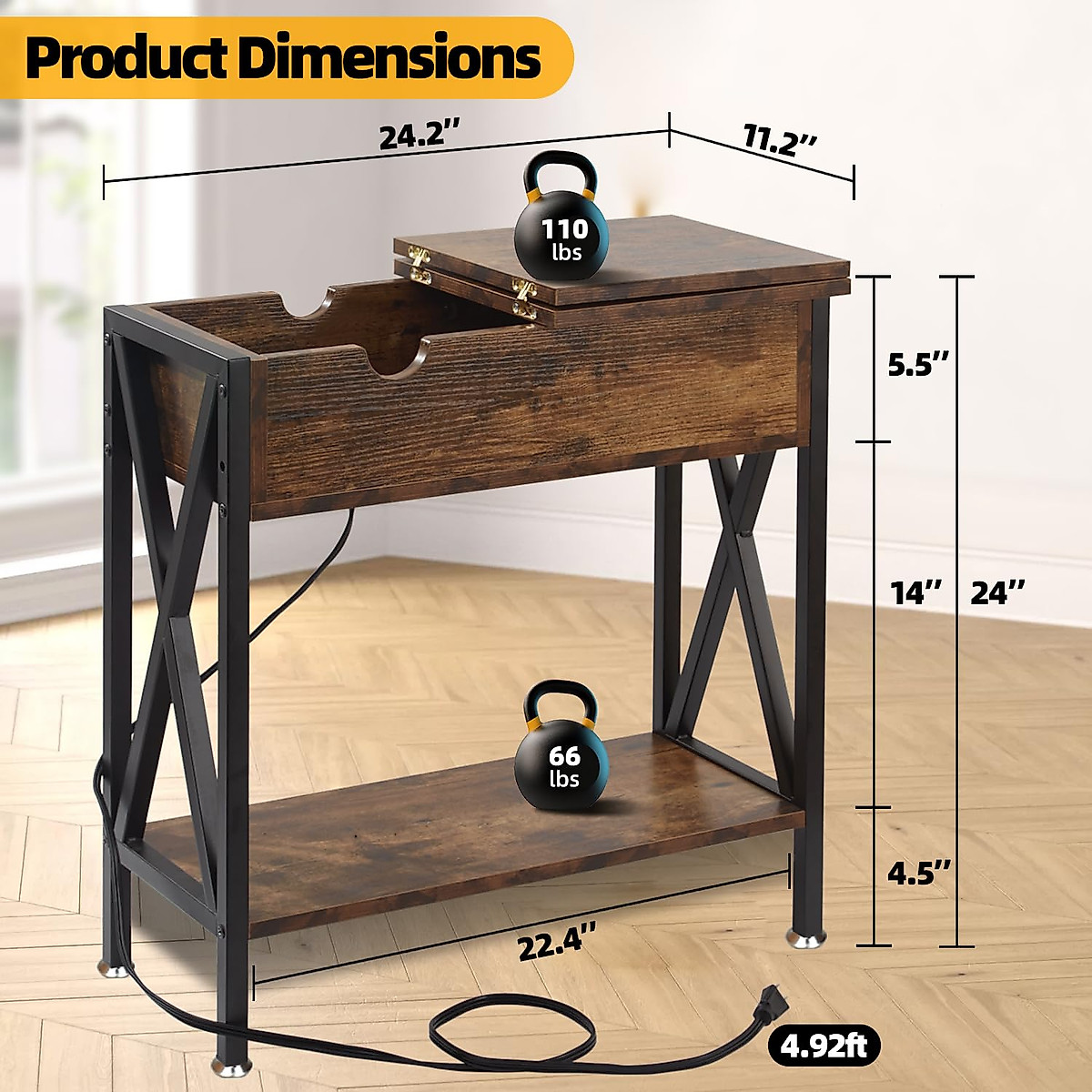 TooCust End Tables Living Room with Charging Station, Flip Top Side Table with USB Ports and Outlets, Couch End Tables, Narrow End Tables with 5.5" Deep Flip Top Drawer(11.2" D x 24" W x 24" H)