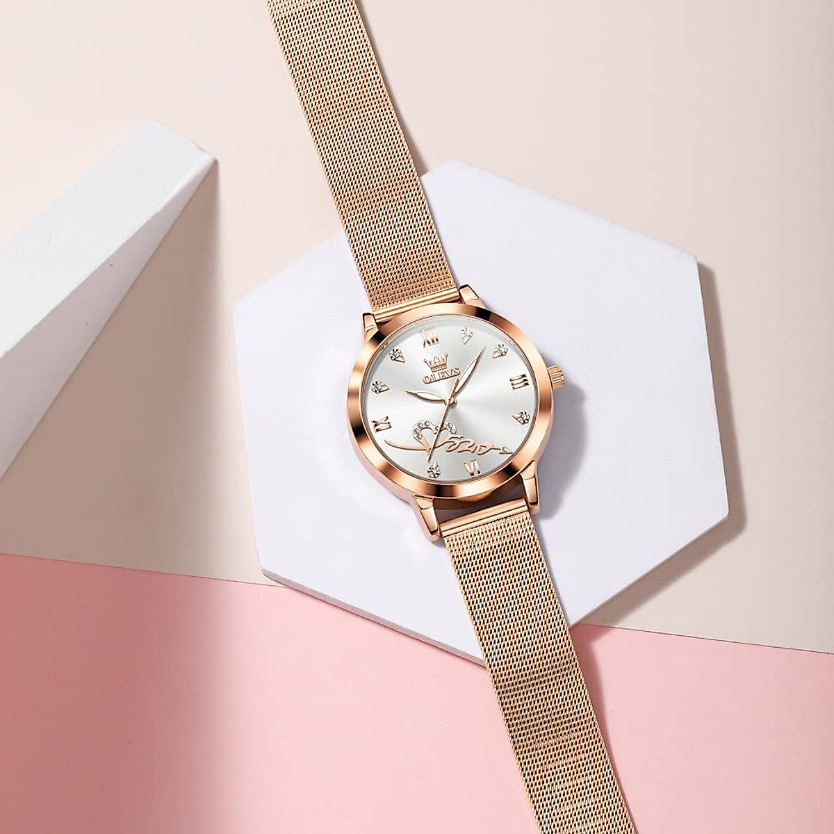 OLEVS Womens Watches Rose Gold Mesh Strap Fashion Dress Quartz Waterproof Luminous Watches for Women Bracelet Sets White Face