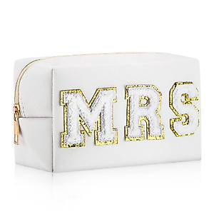 Xuniea MRS Letter Cosmetic Bag Bride Makeup Bag White Cosmetic Toiletry Bag Large Engagement Gift Bag with Zipper Engagement Gifts for Bride Wedding Bridal Shower