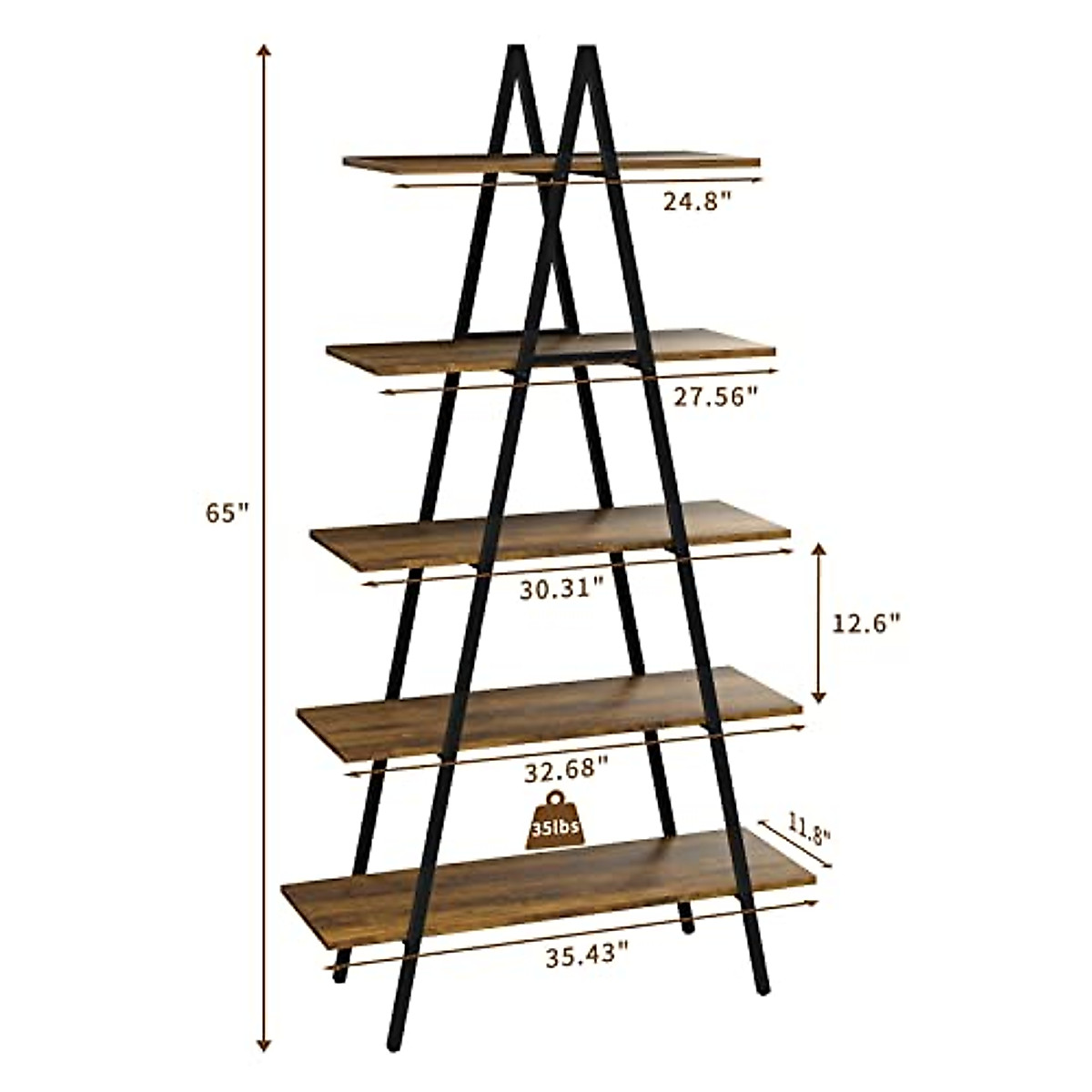 YOUDENOVA 5-Tier Ladder Bookshelf, Industrial A-Shaped Bookcase, Tall Ladder Shelf Storage Organizer for Living Room, Home Office, Black