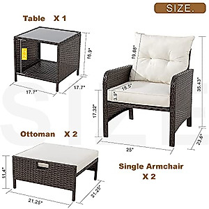 Vongrasig 5 Piece Wicker Patio Furniture Set, All Weather PE Wicker Rattan Outdoor Chair and Ottoman Set, Small Cushioned Patio Chairs with Ottoman Underneath for Lawn Garden Backyard (Beige)