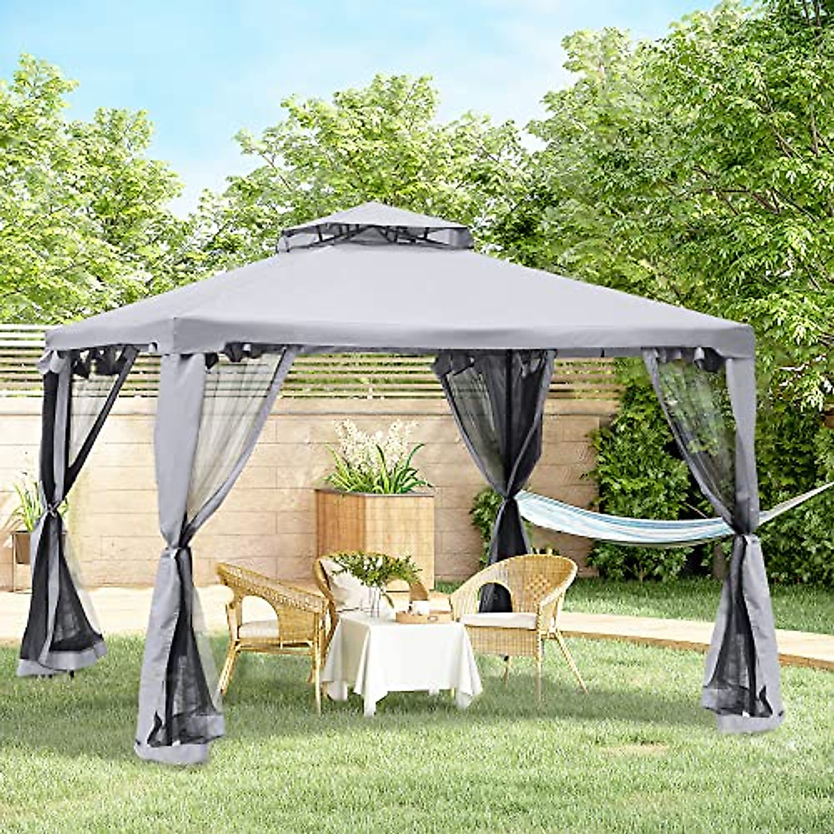 Outsunny 10' x 10' Patio Gazebo Outdoor Canopy Shelter with 2-Tier Roof and Netting, Steel Frame for Garden, Lawn, Backyard and Deck, Grey