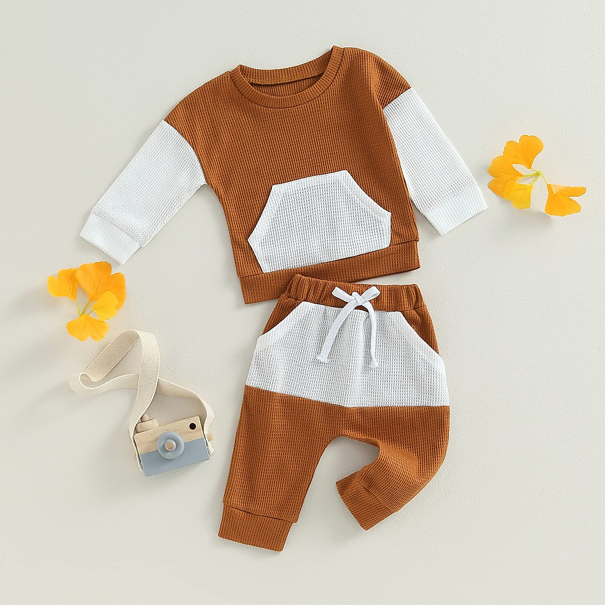 MERSARIPHY Infant Baby Fall Outfits Baby Boy Girl Clothes Set Baby Waffle Sweatshirt Long Pants with Pockets (Brown, 18-24 Months)
